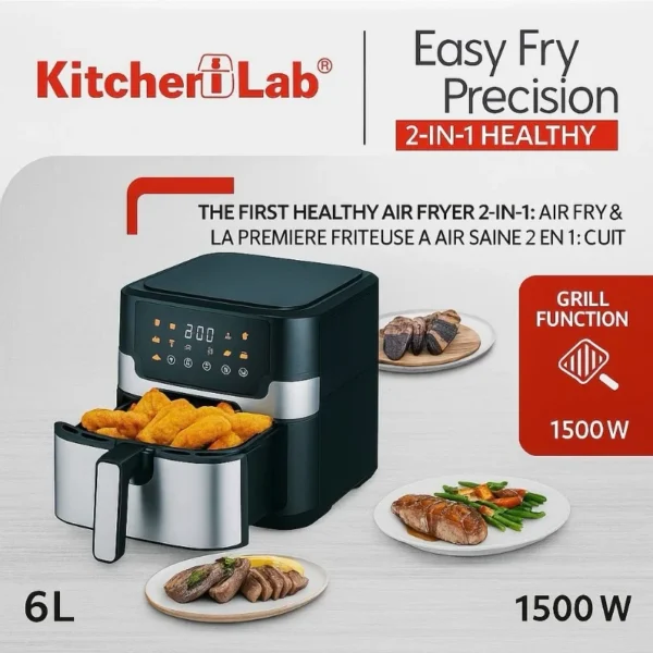 Airfraye inox 6L 2 en 1 Air Fry & Grill 1500W 10 programmes KitchenLab Original – La Casa d'Algérie