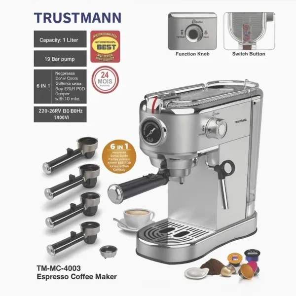 Machine à café inox a Bras 6 en 1 Multi-Capsules 1400W 19Bar TRUSTMANN ...